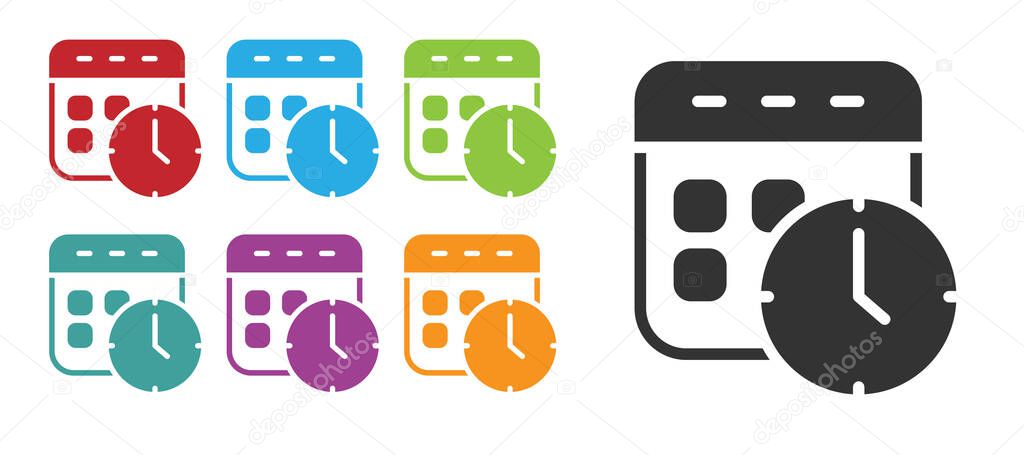 Icono de calendario negro y reloj aislado sobre fondo blanco. Horario, cita, organizador, hoja ...