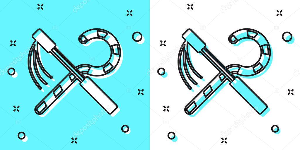 Línea negra Crook y flail icono aislado sobre fondo verde y blanco ...