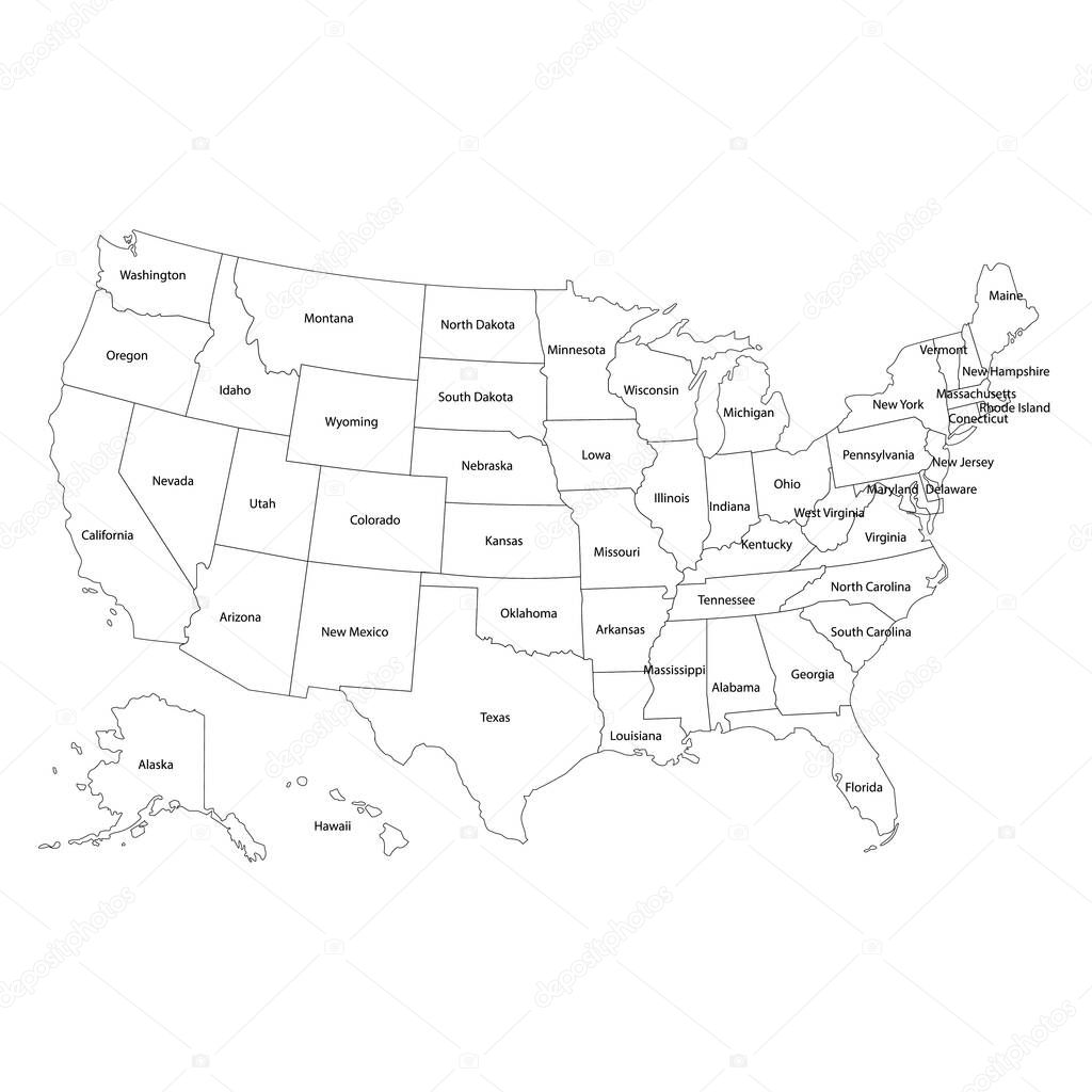 Poster map of the United States of America with the names of the states ...