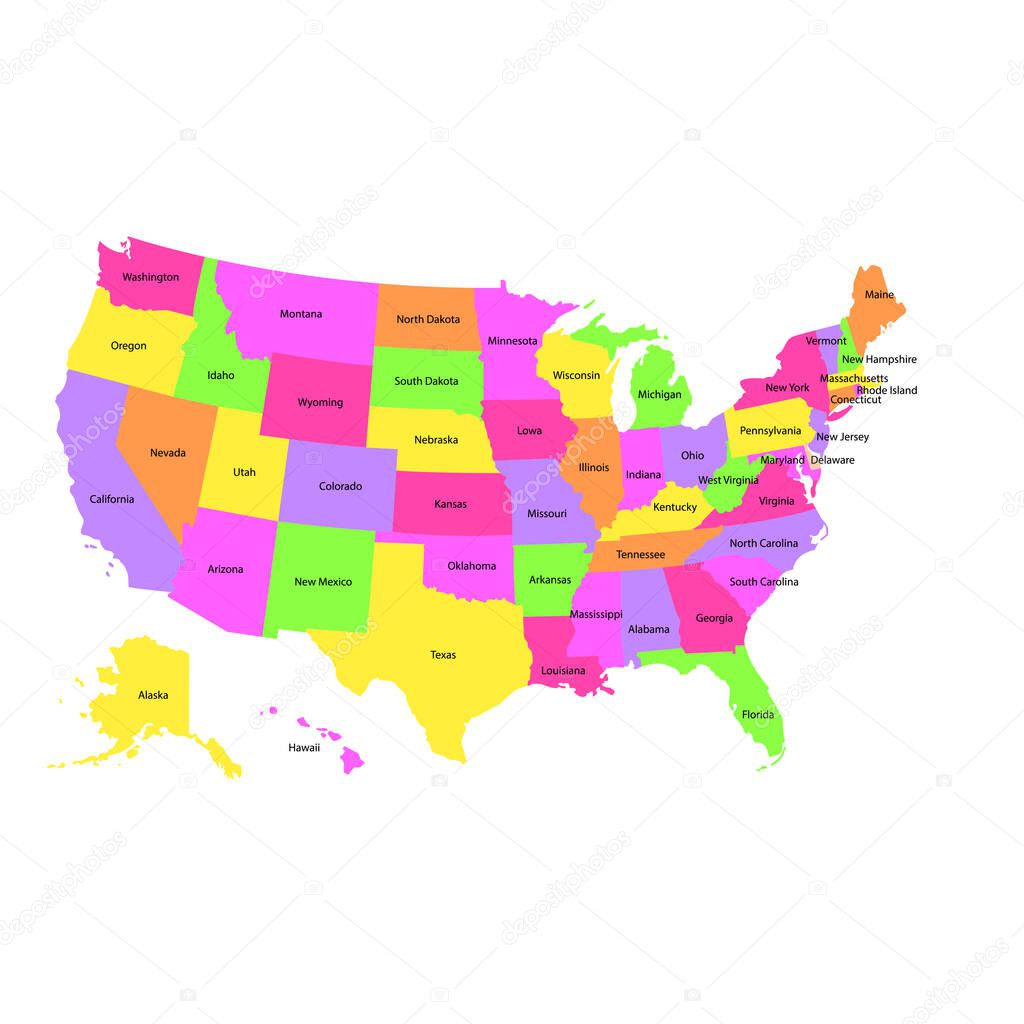 Poster map of the United States of America with the names of the states ...