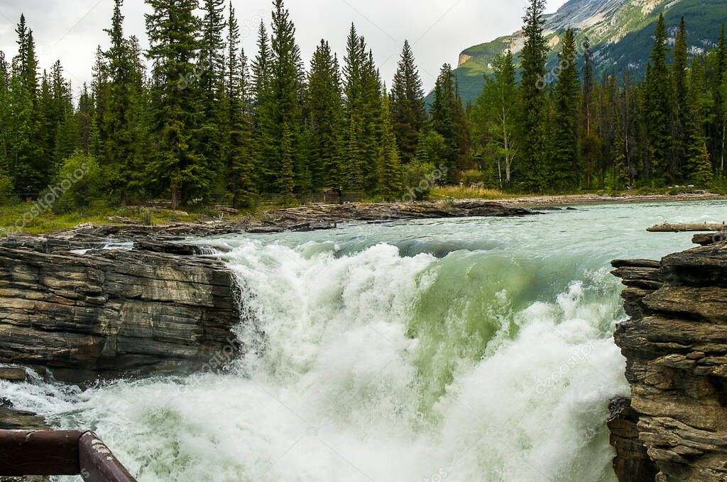 Las cataratas de Athabasca en el río Athabasca en el Parque Nacional ...