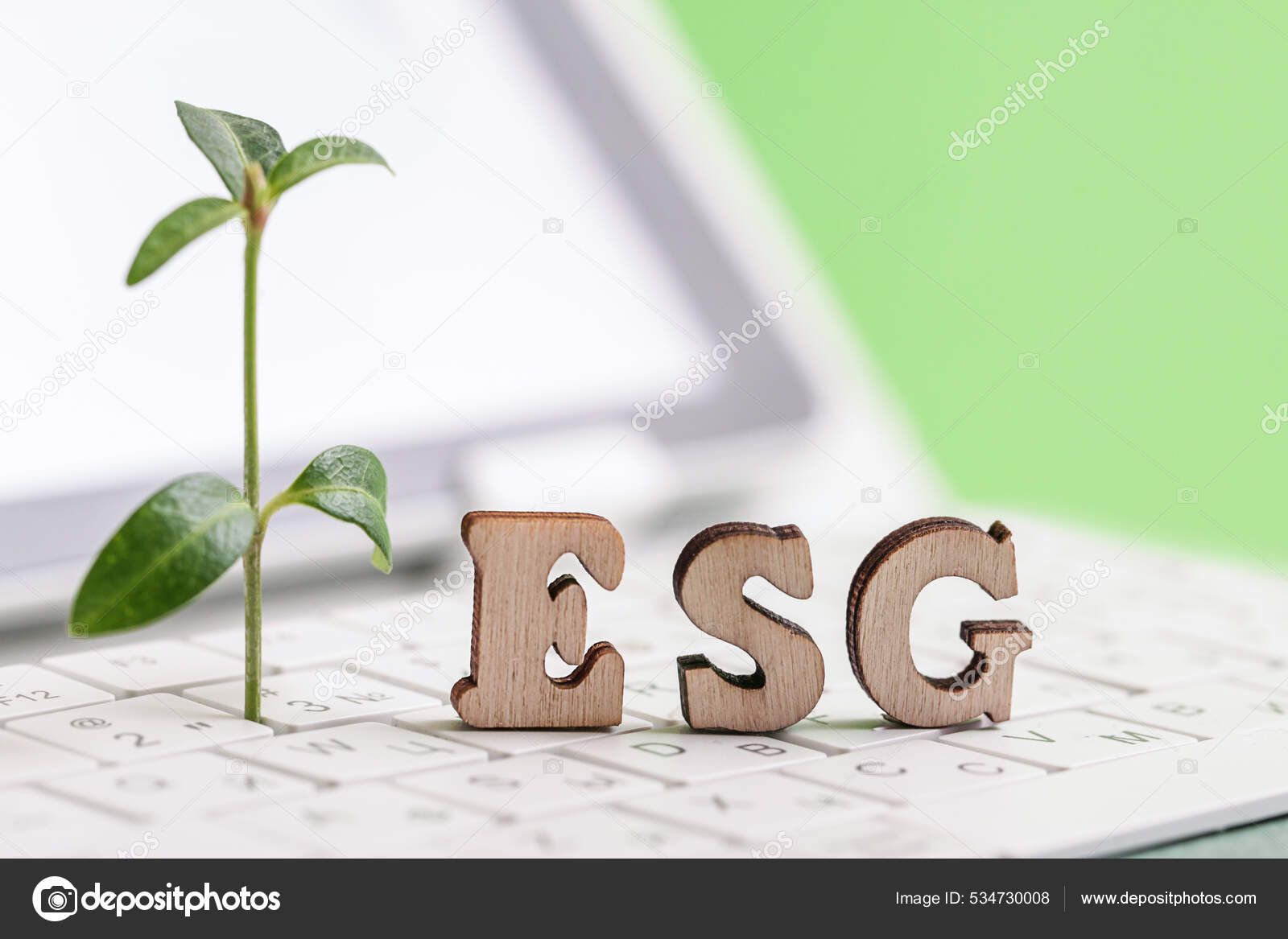 ESG, white computer keyboard, green background. Environmental, Social ...