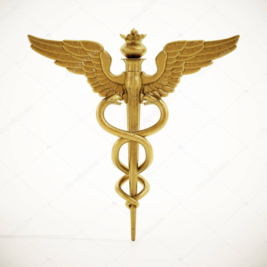 Símbolo de caduceo dorado aislado sobre fondo blanco. Ilustración 3D. 2023
