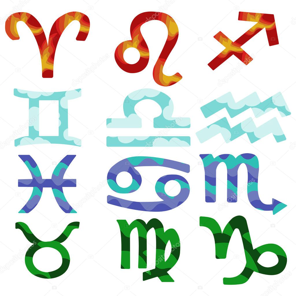 Conjunto de signos del zodiaco por los elementos, horóscopo símbolos vector ilustración 2023