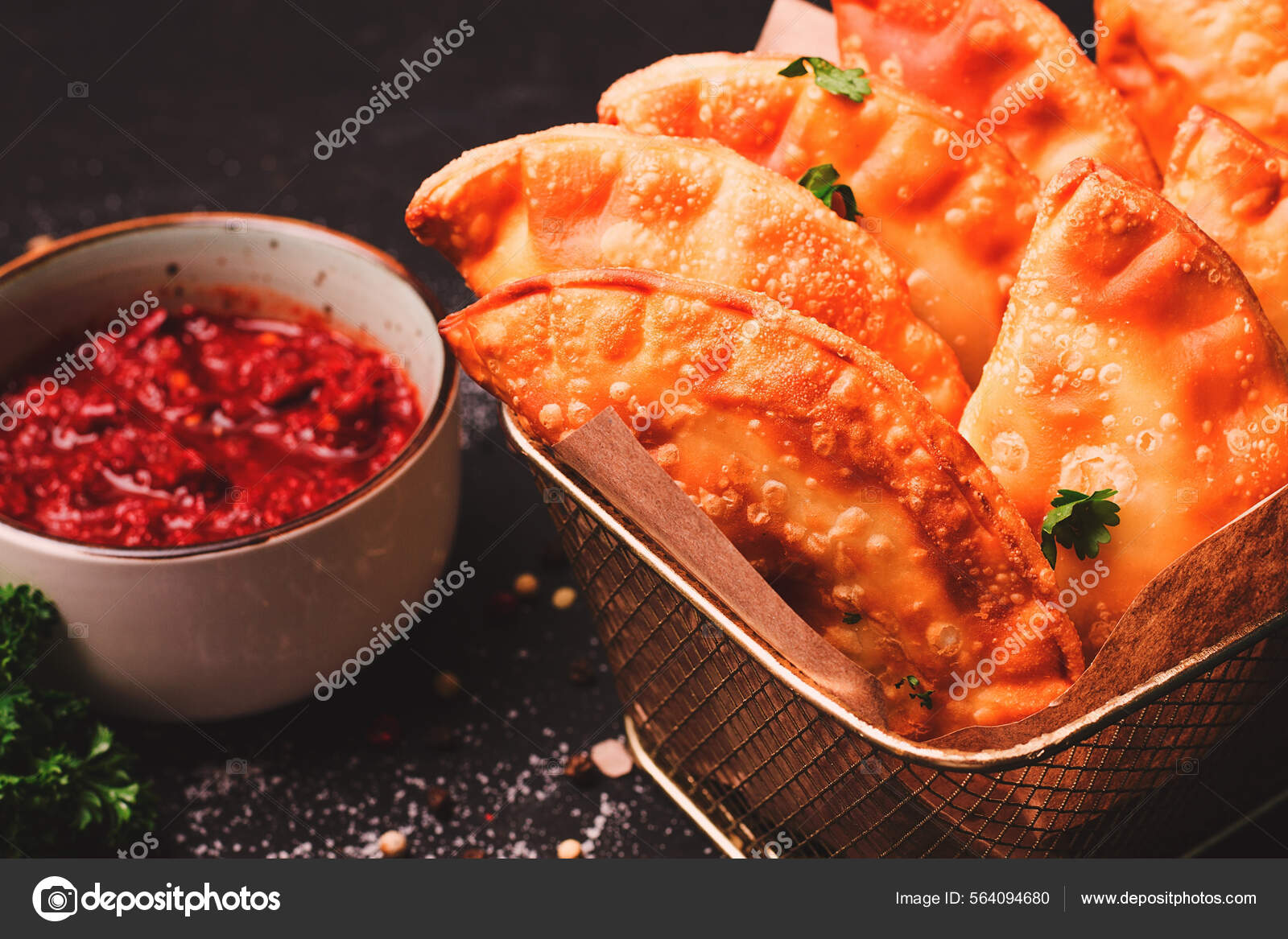 Fried Mini Pasties Red Sauce Top View Close People Selective Stock ...