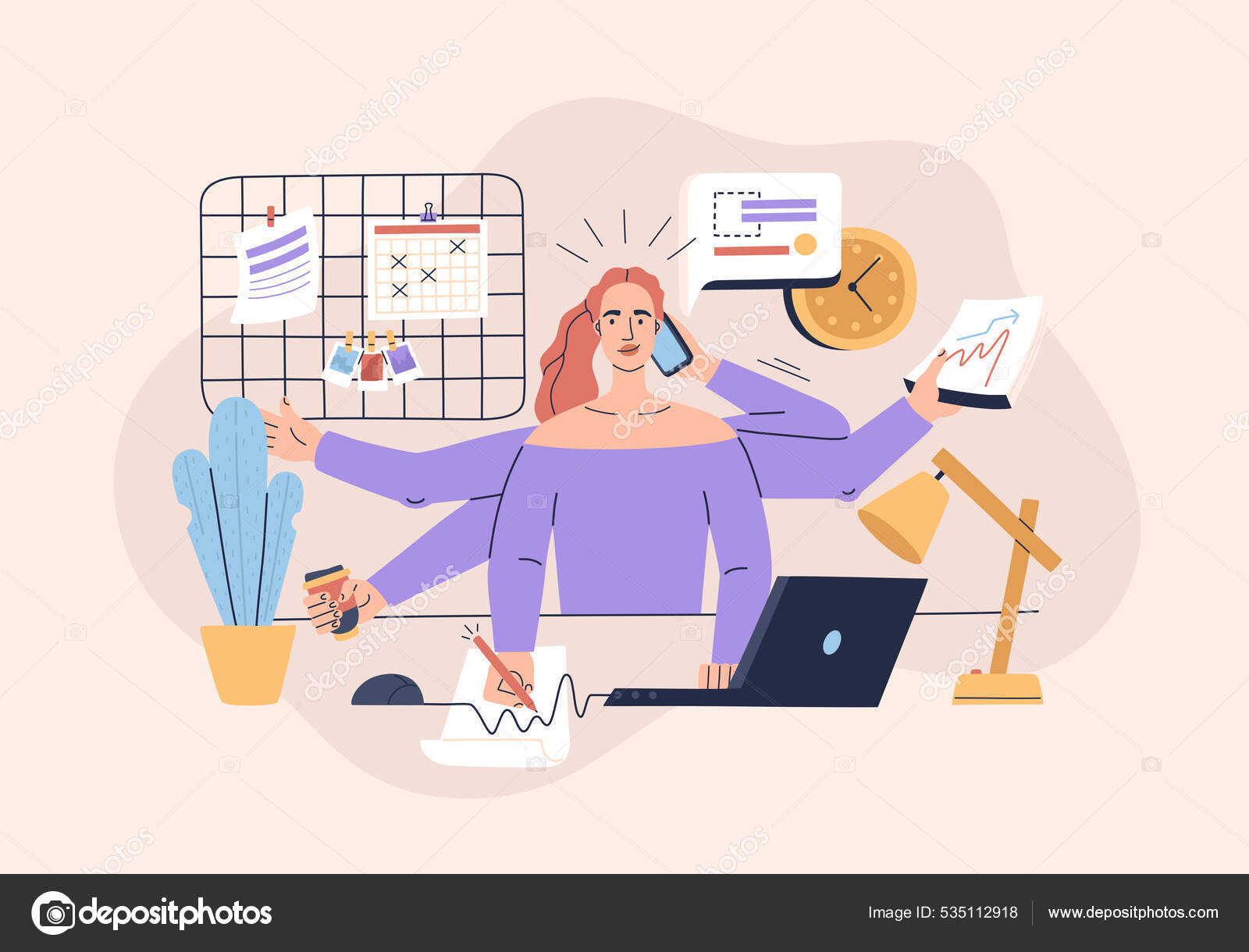 Multitasking Girl Performs Many Tasks Same Time Concept Workplace Home ...