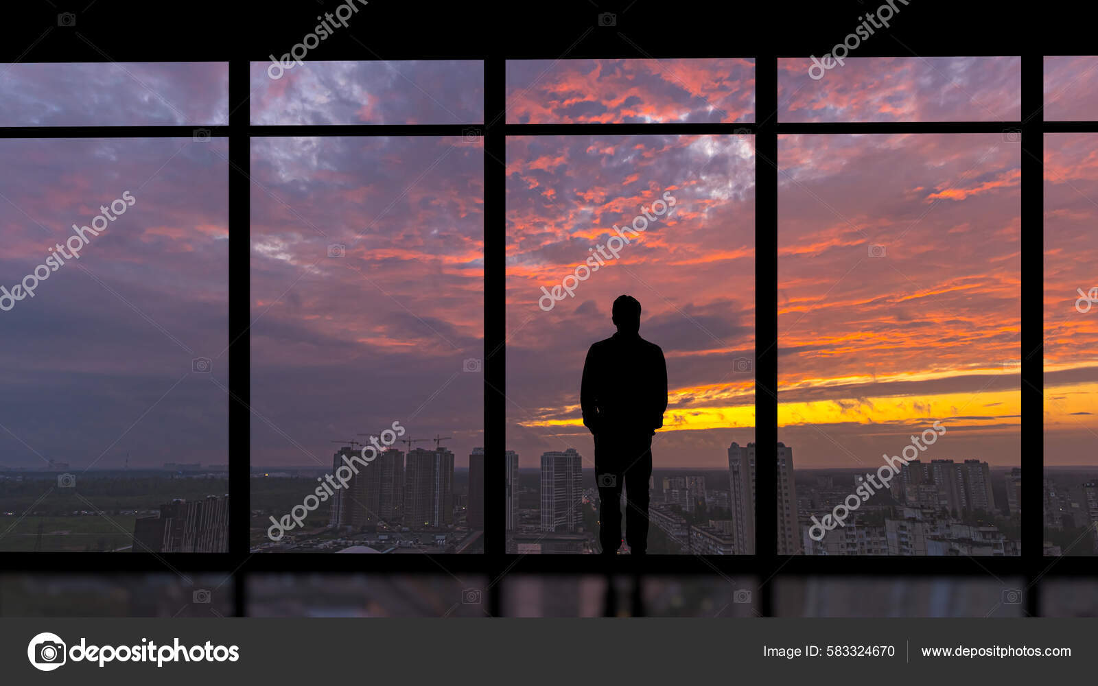 Man Standing Panoramic Window City Sunset Background — Stockfotografi ...