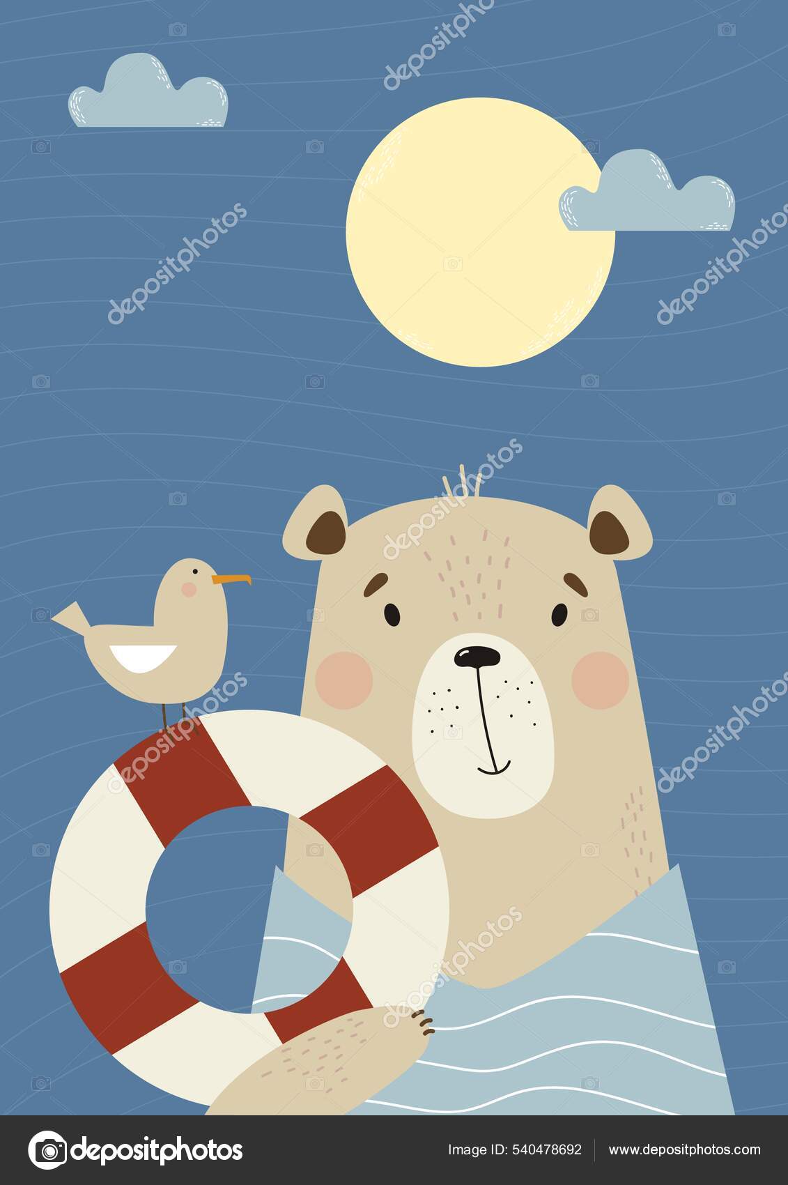 Cute Bear Sailor Seagull Life Buoy Vector Illustration Vertical Poster ...