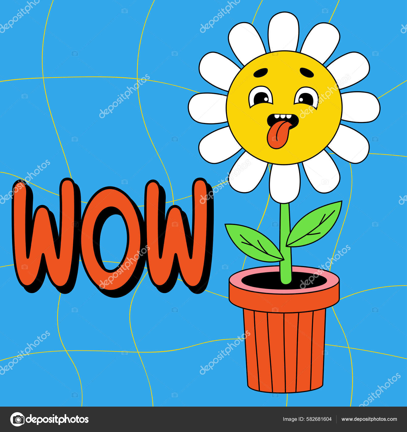 Funny Cartoon Character Groovy Element Funky Flower Power Pot Wow Stock ...