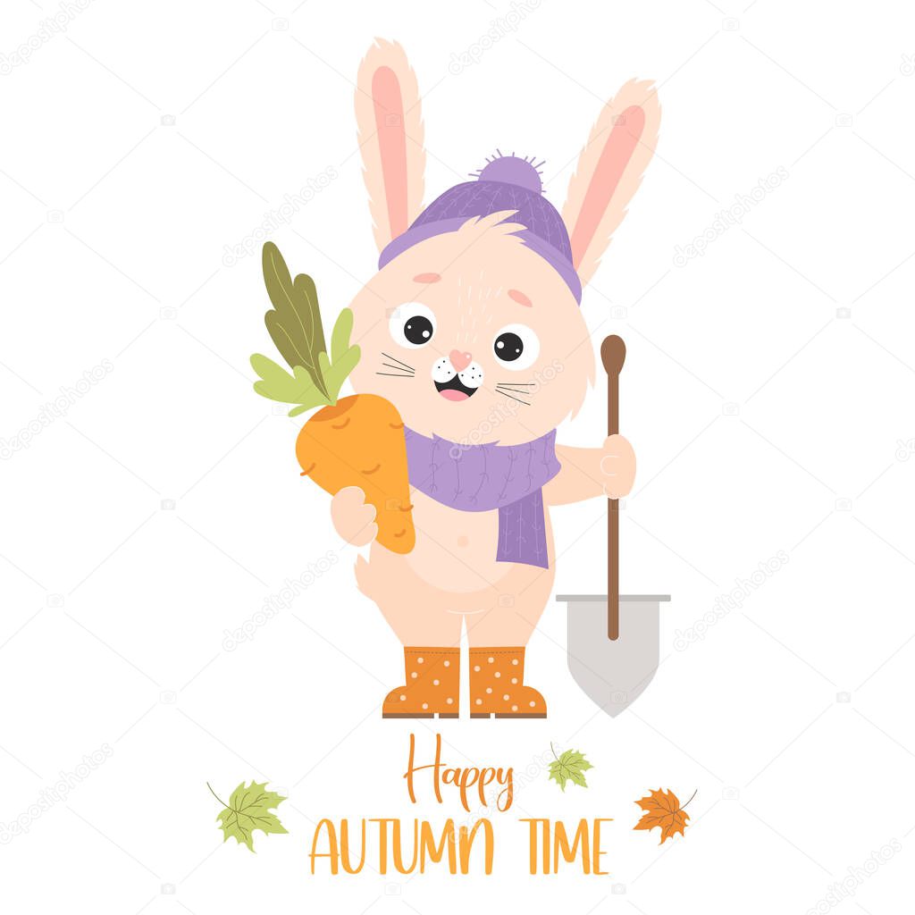 Poster Happy autumn time. Cute rabbit in rubber boots with carrot and ...