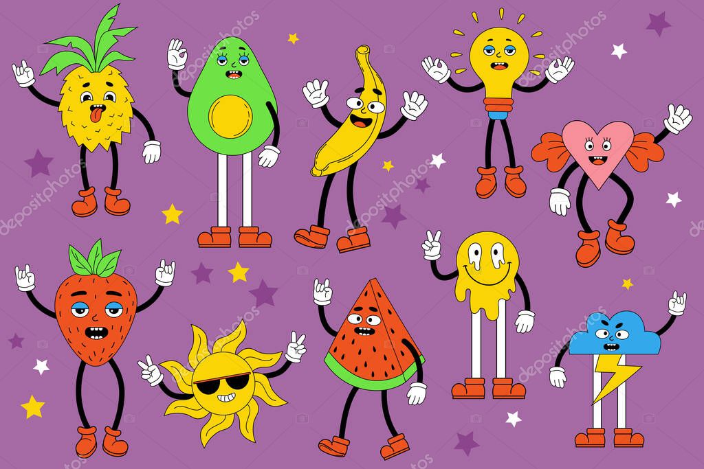 Set retro cartoon stickers with funny comic characters, gloved hands ...