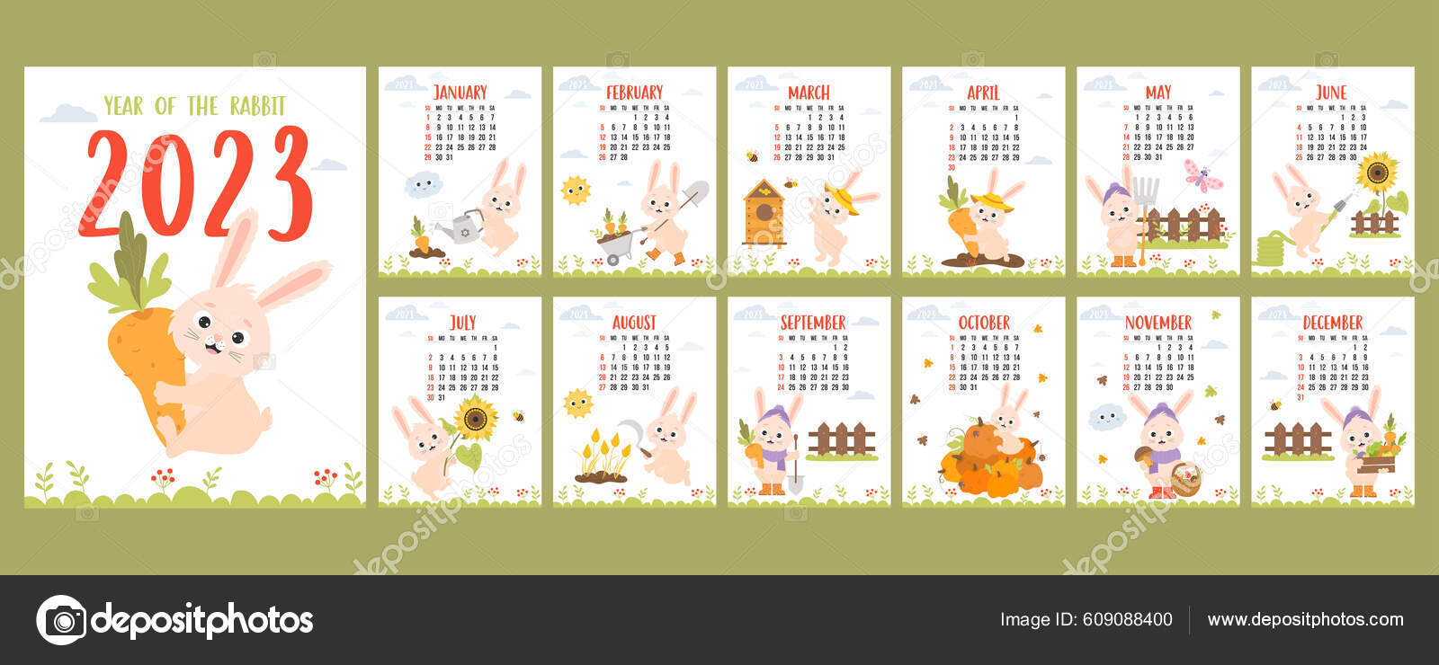 Calendar 2023 Cute Bunny Farmer Gardener Printable Planner Organizer ...