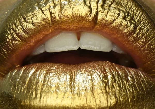 Gold Lips Gold Paint Open Mouth Golden Lips Woman Mouth — Stock Photo ...
