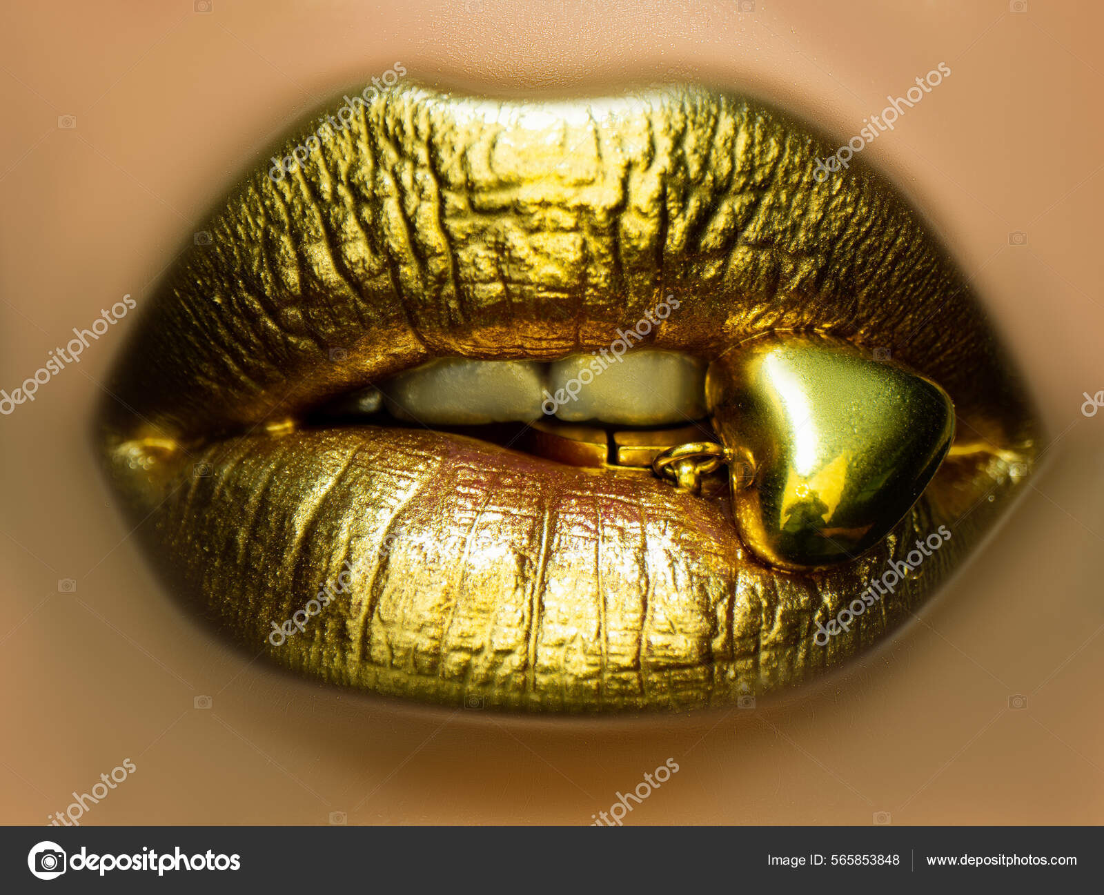 Sensual golden woman lips. Womans gold lip. Female mouth close up with ...