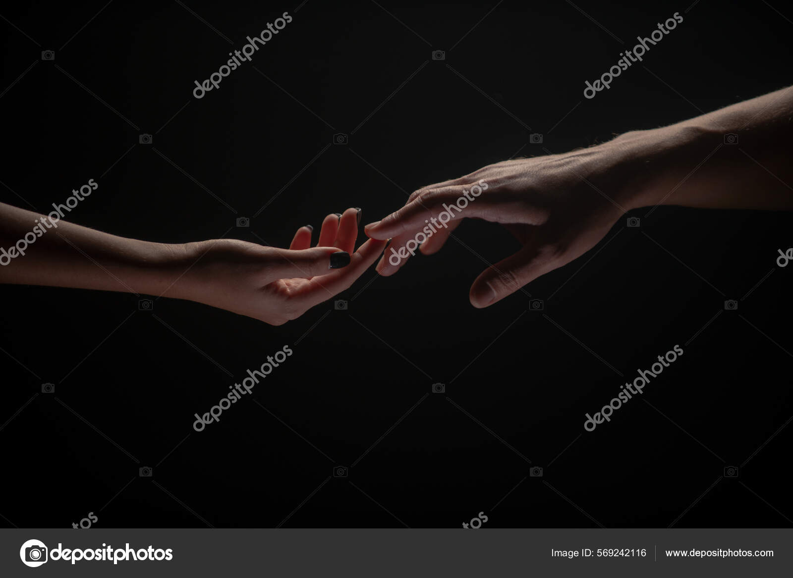 Romantic touch with fingers, love. Two hands stretch each other, black ...