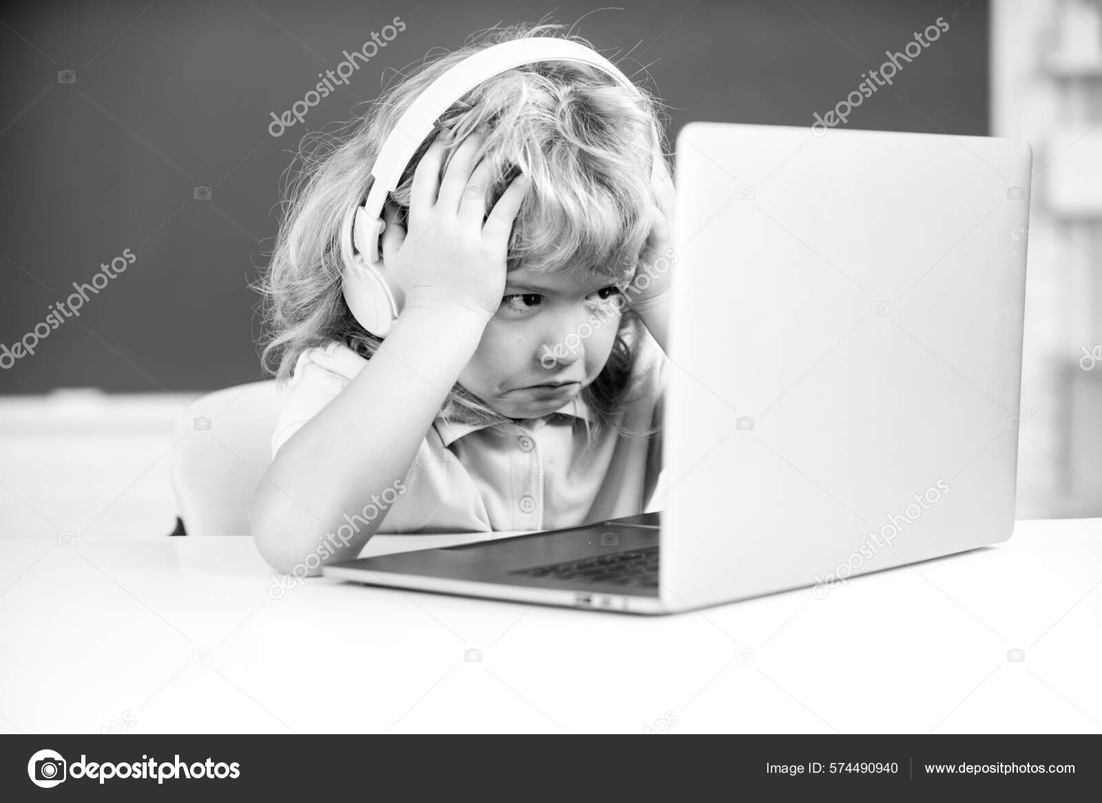 Angry Sad Boy Headphones Sit Desk Study Online Laptop School Stock ...