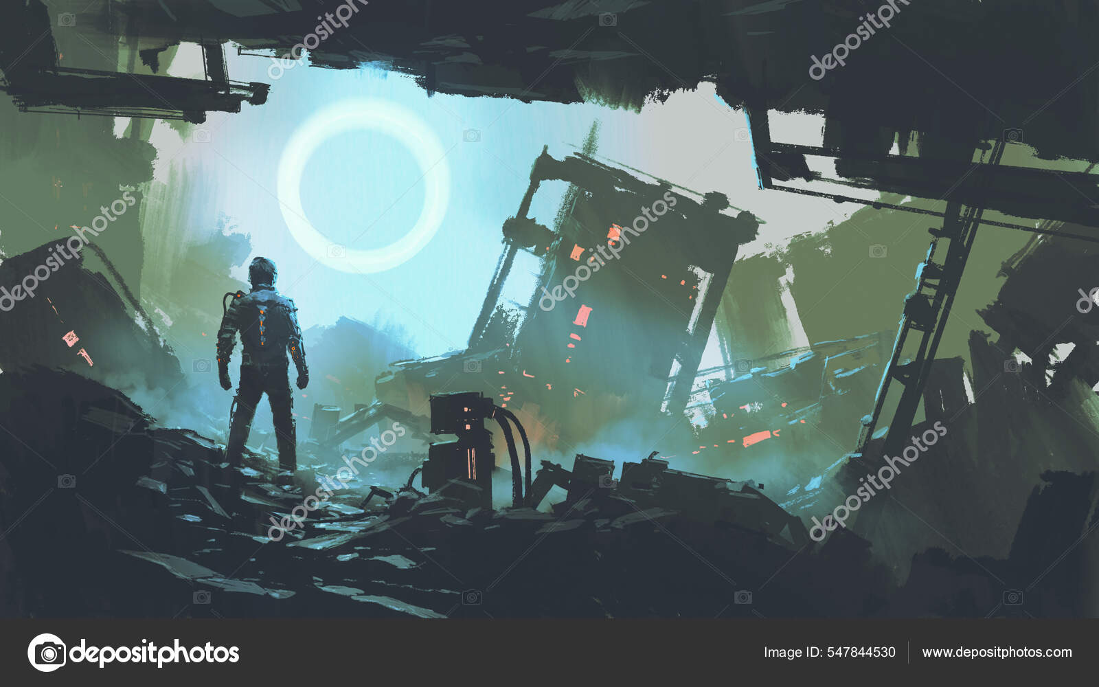 Dystopian Scene Showing Futuristic Man Stands Ruined City Digital Art ...