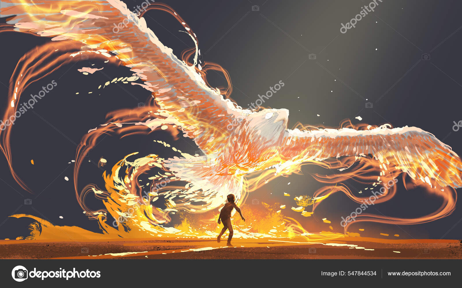 Child Looking Phoenix Bird Flying Him Digital Art Style Illustration ...