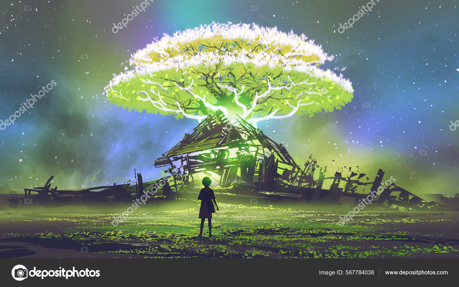 Girl Looking Glowing Tree Formed Ruins House Digital Art Style Stock ...