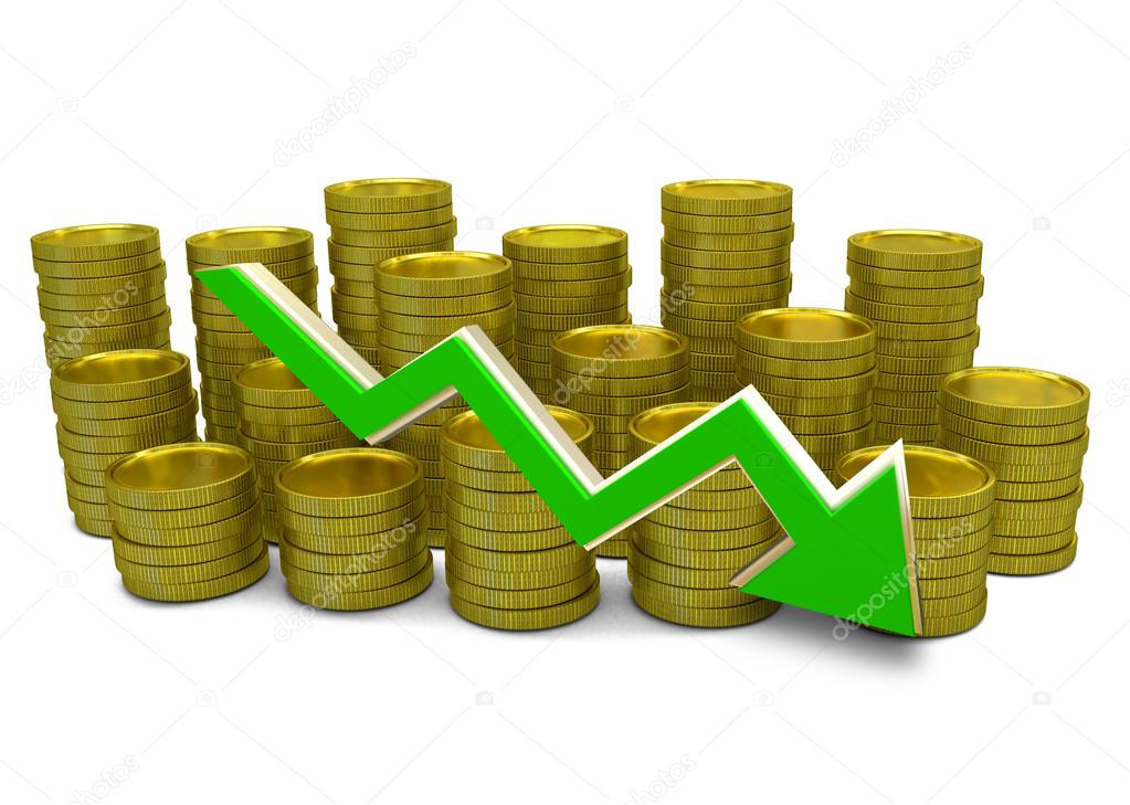 Declining costs - 3D finance graph - currency and green arrow — Stock ...