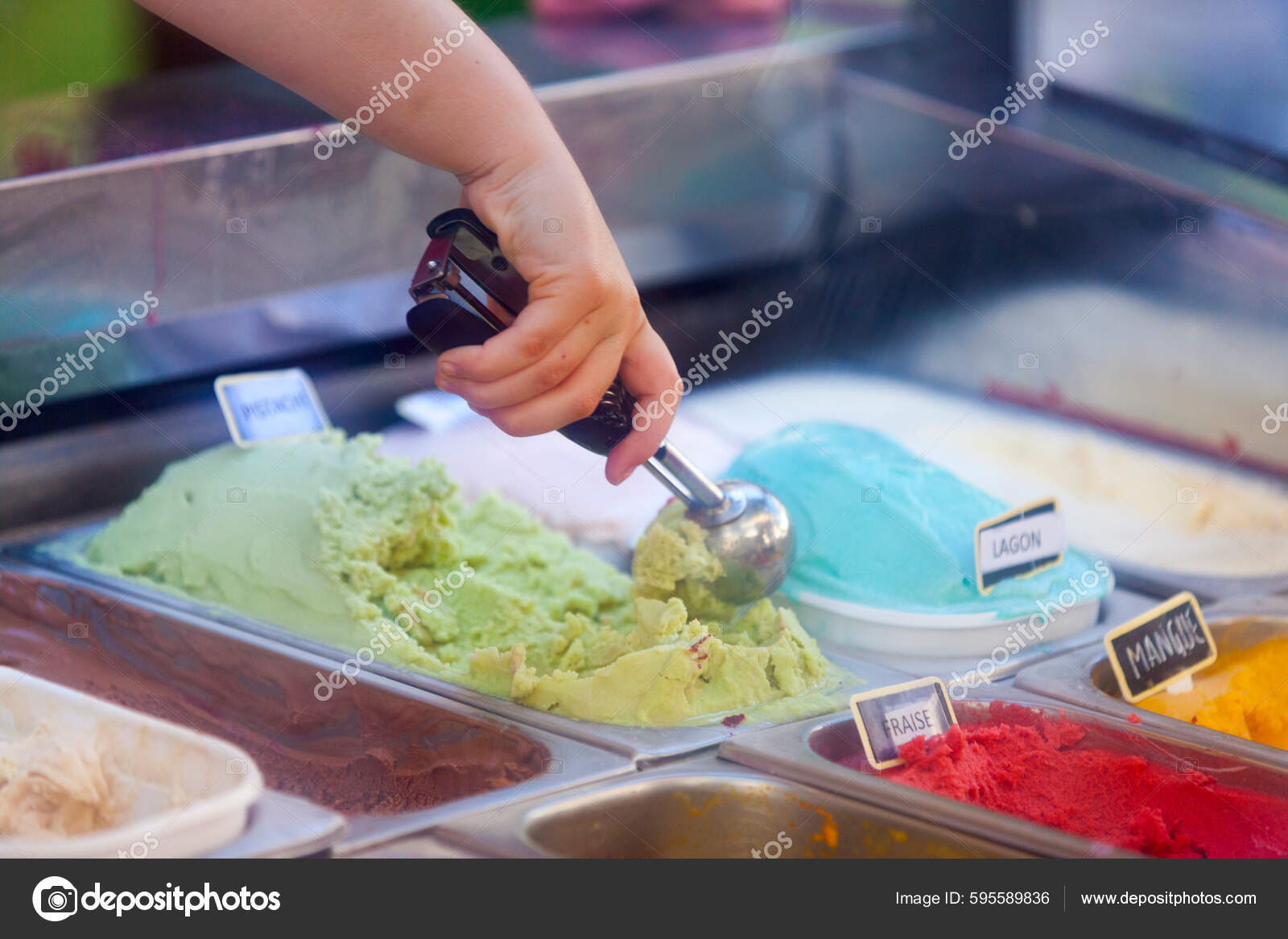 Close Hand Young Waman Scooping Ice Cream Gelato Cafe — Stock Photo ...