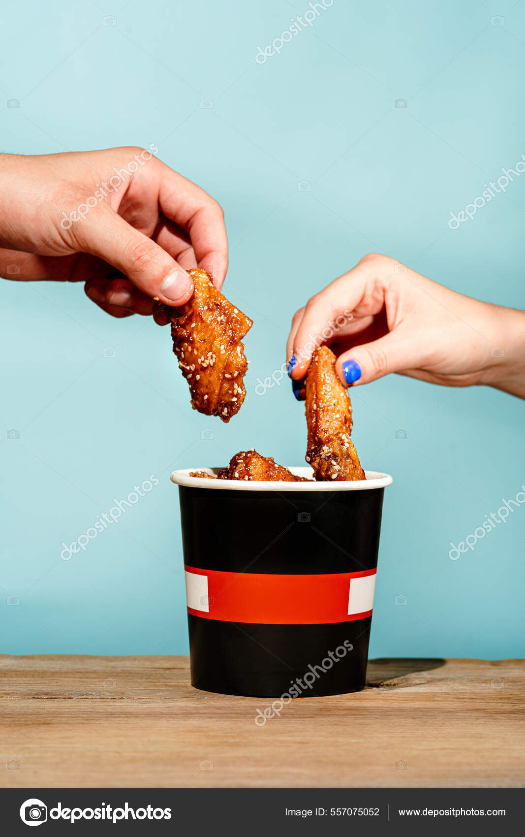 Hands Pulling Fried Chicken Wings Cardboard Bucket Mockup Wooden Table ...