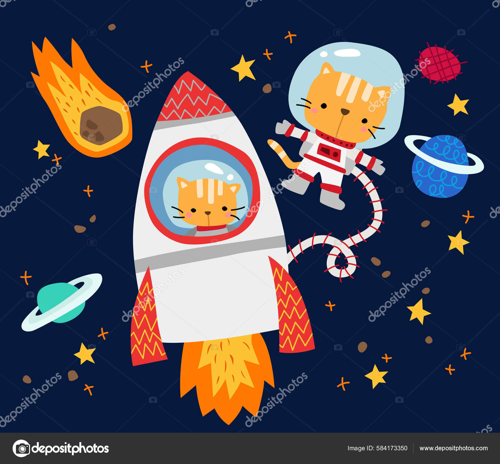 Vector Cute Cats Space Planets Meteor Stock Vector by ©comodo777 584173350