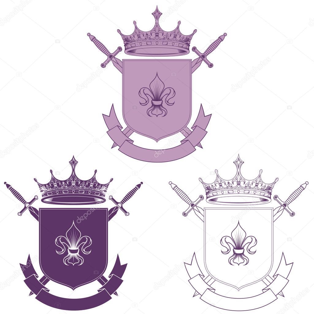 Edad Media diseño vector escudo heráldico, escudo de armas con flor de ...