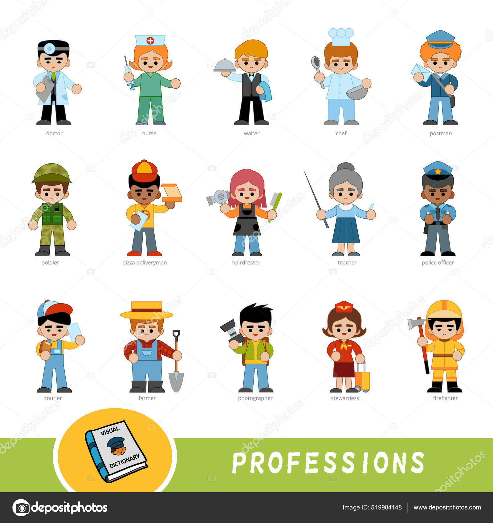 Colorido Conjunto Profesiones Diccionario Visual Para Niños Sobre ...