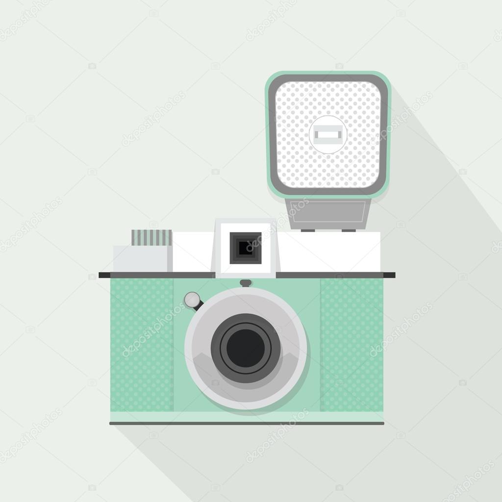 Retro light teal camera with flash and long shadow - Flat modern design ...