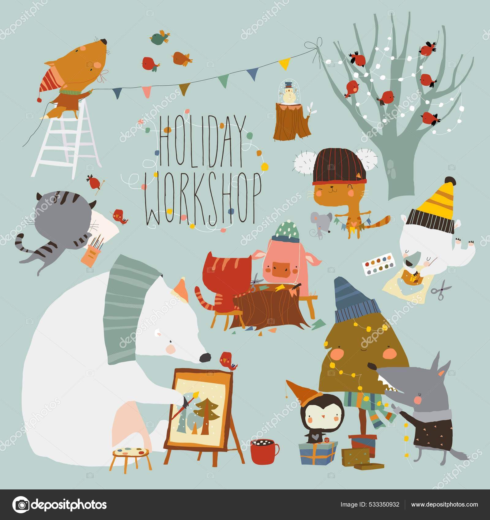 Cartoon Set with Animals getting ready for Christmas,painting,Handiwork. Holidays Workshop Stock ...
