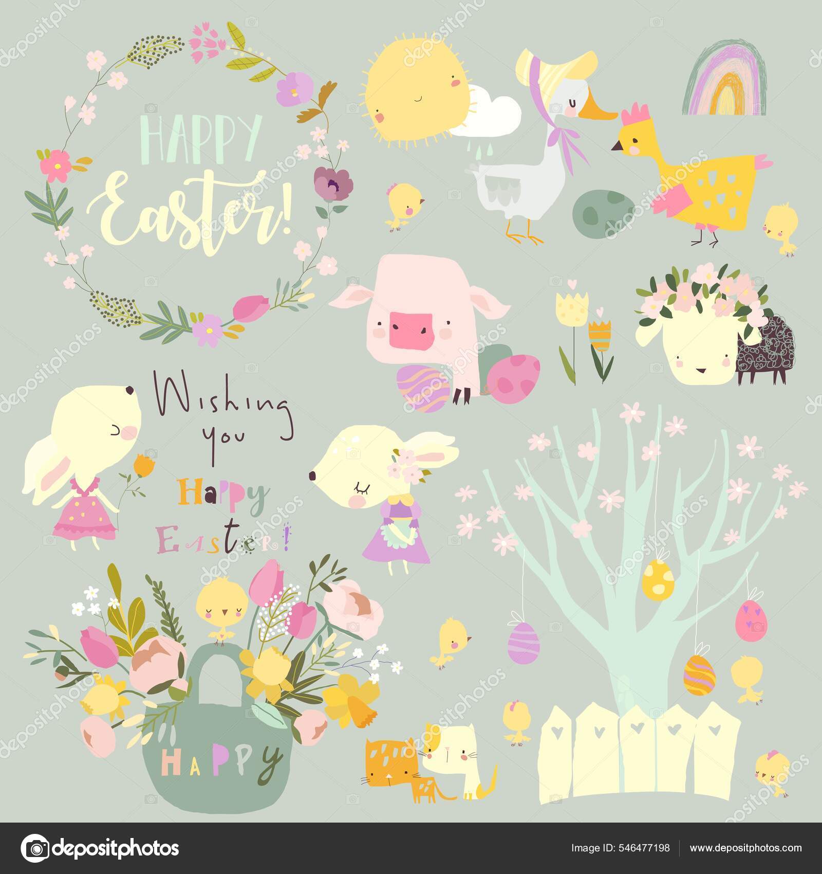 Cartoon Easter Set with Rabbits, Farm Animals and Flowers Stock Vector ...
