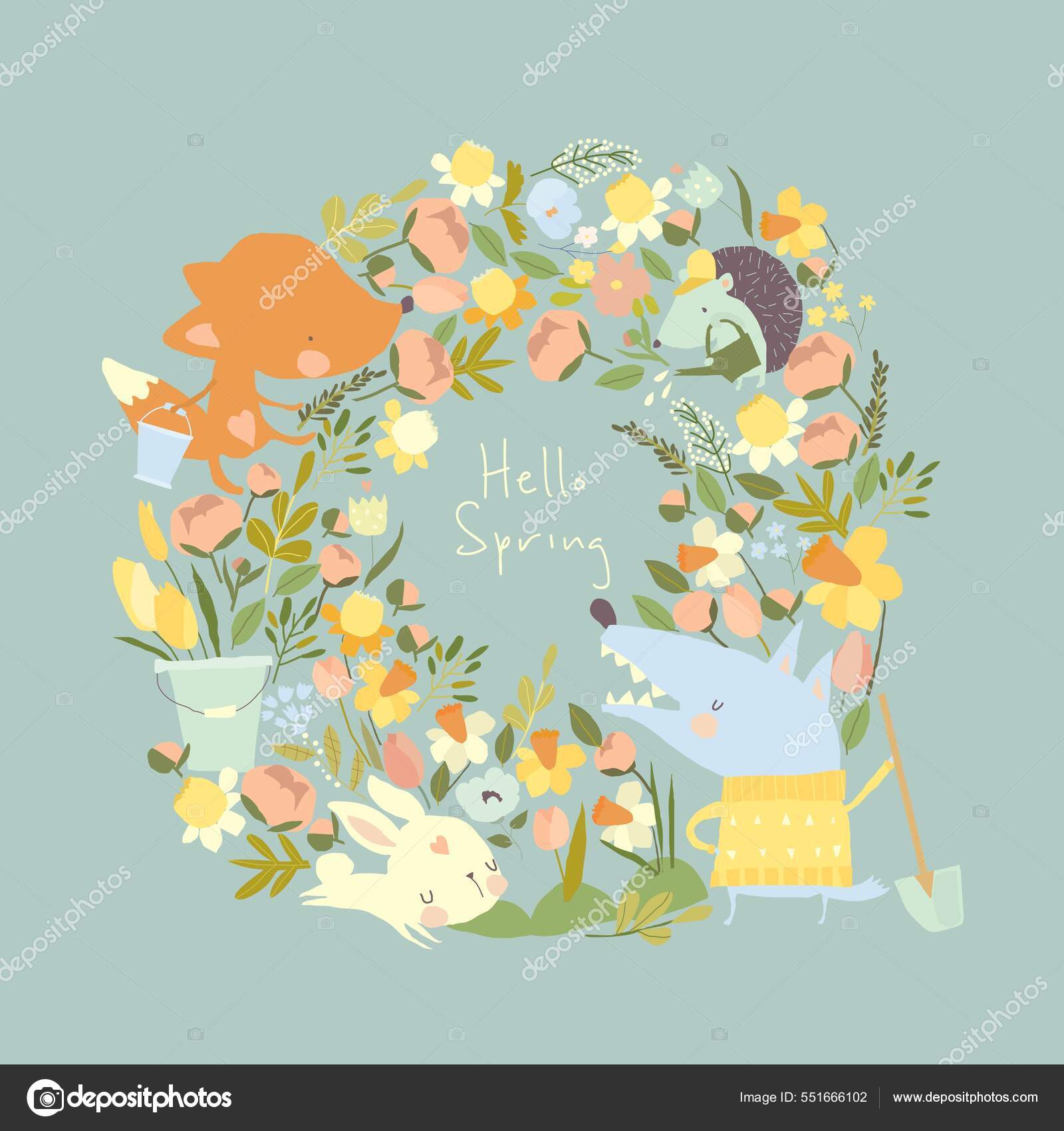 Linda corona de dibujos animados con animales y flores de primavera ...