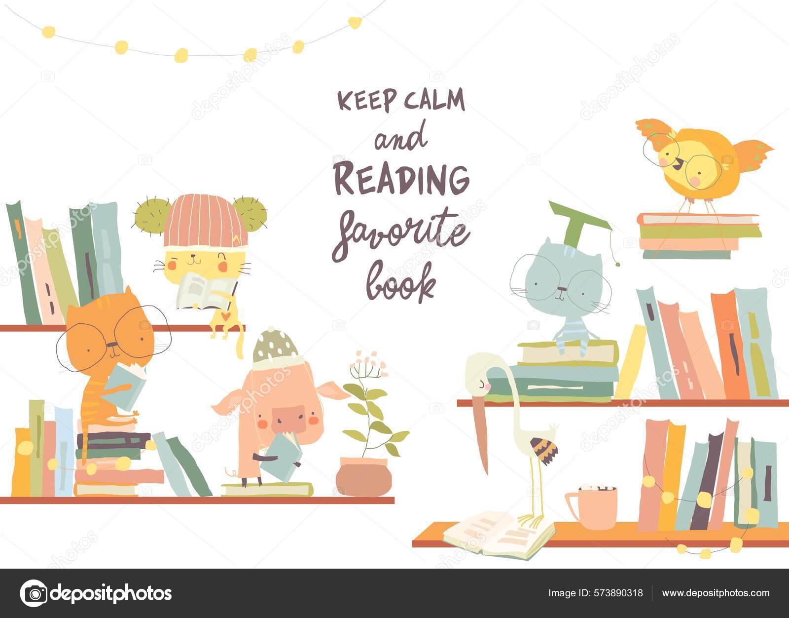 Cute Cartoon Animals Sitting Stacks Reading Books Vector Illustration ...