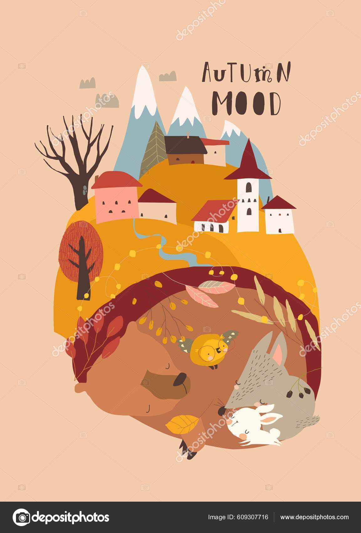 Cartoon Animals Sleeping Den Little Town Vector Illustration Stock ...