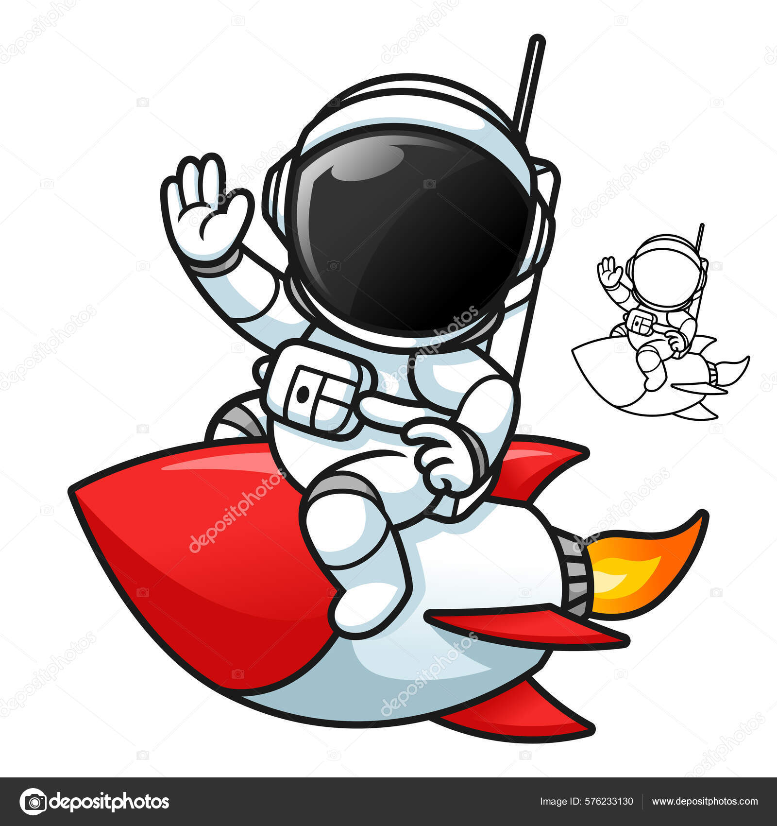 Astronot Cute Mengendarai Roket Melambaikan Tangan Nya Dengan Gambar ...