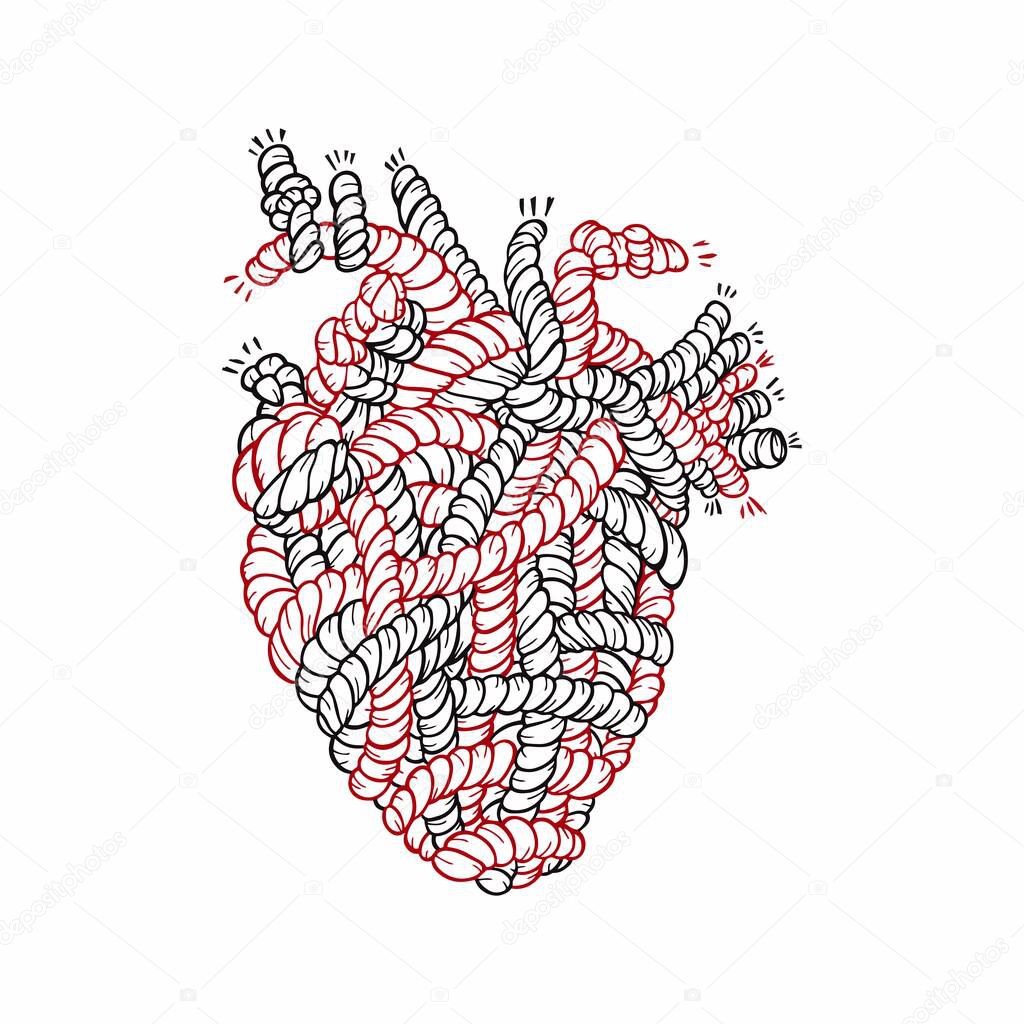 Ilustración vectorial de un corazón humano atado desde cuerdas. Nudo ...