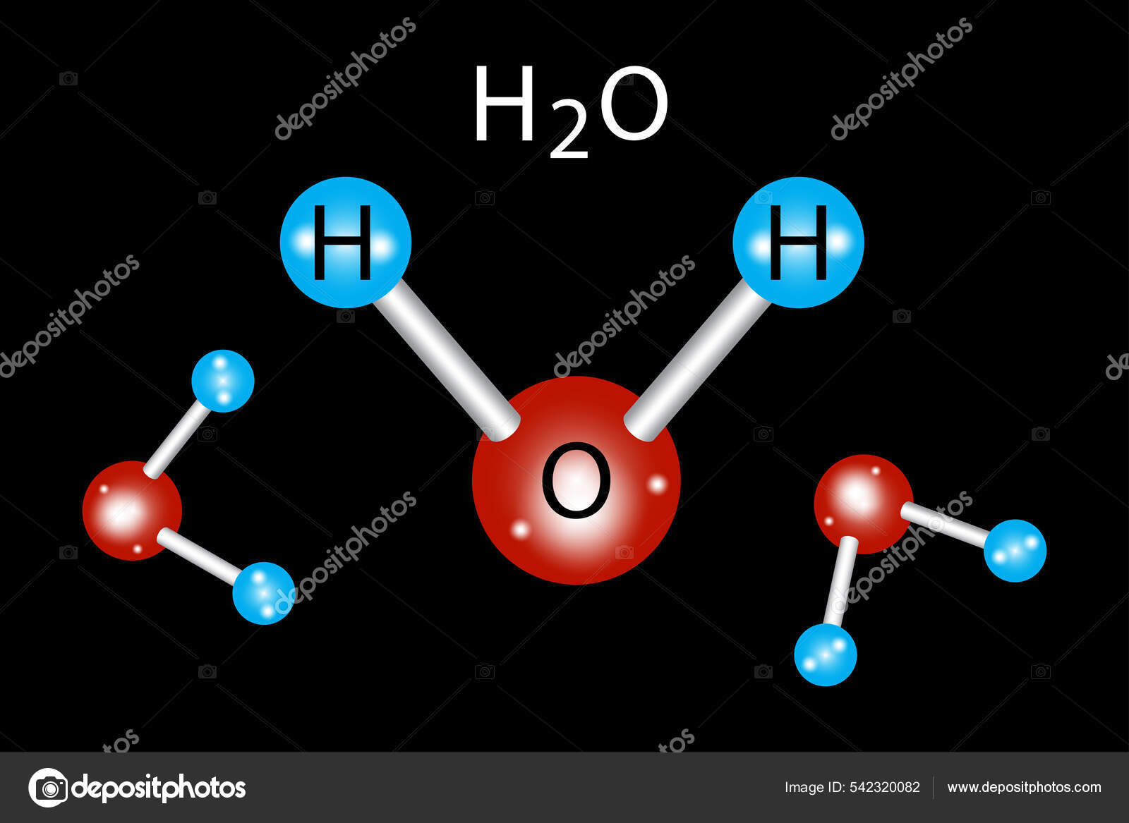 Fórmula esquelética de agua. Estructura molecular H2O. Concepto científico. Fondo negro ...