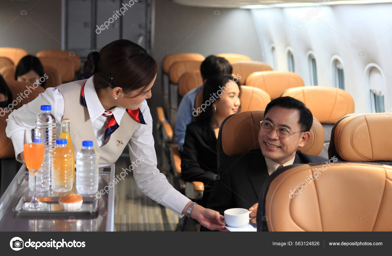 Cabin Crew Pushing Service Cart Serve Customer Airplane Flight Hostess ...