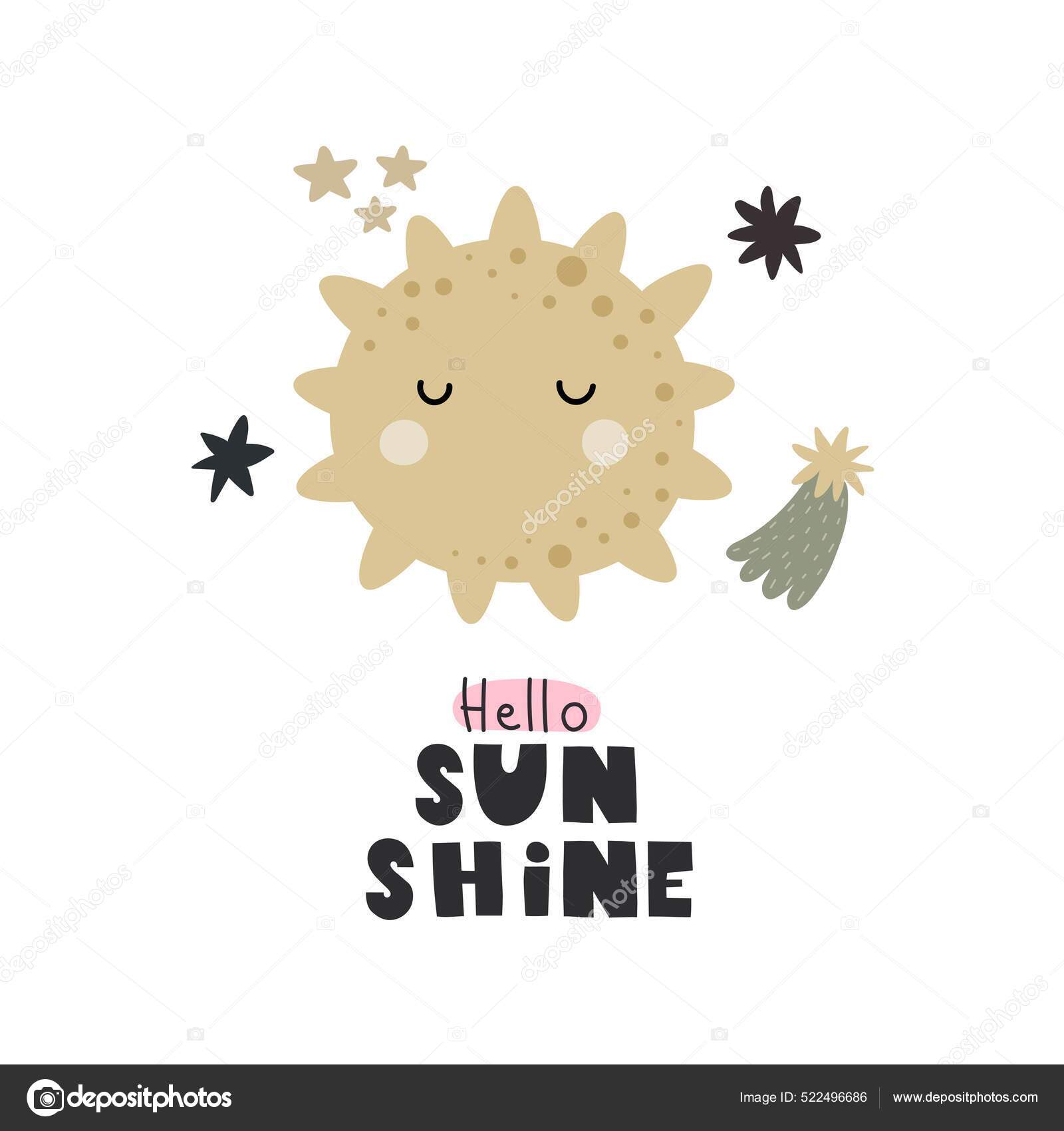 Hello Sunshine Cartoon Sun Hand Drawing Lettering Decor Elements Space ...