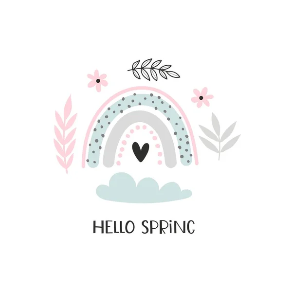 Hello Spring Cartoon Mushroom Hand Drawing Lettering Colorful Vector ...