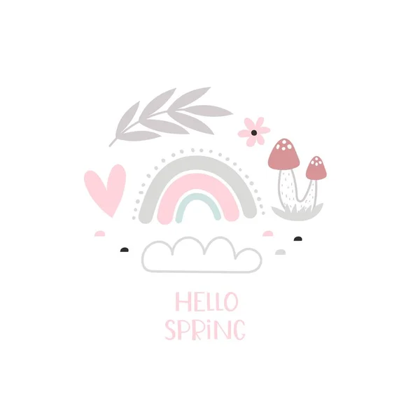 Hello Spring Cartoon Bunny Flowers Hand Drawing Lettering Decoration ...