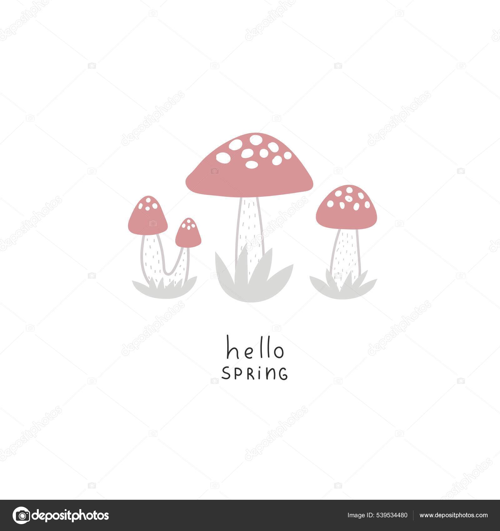 Hello Spring Cartoon Mushroom Hand Drawing Lettering Colorful Vector ...