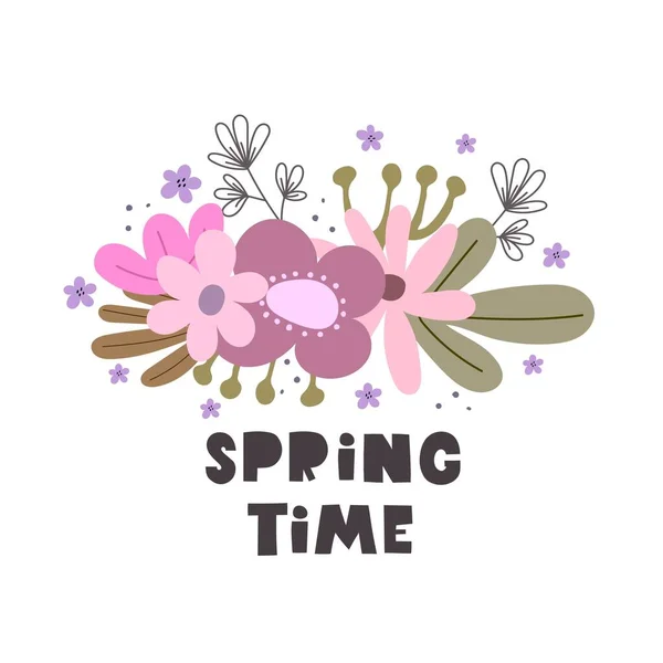 Hello Spring Cartoon Bunny Flowers Hand Drawing Lettering Decoration ...