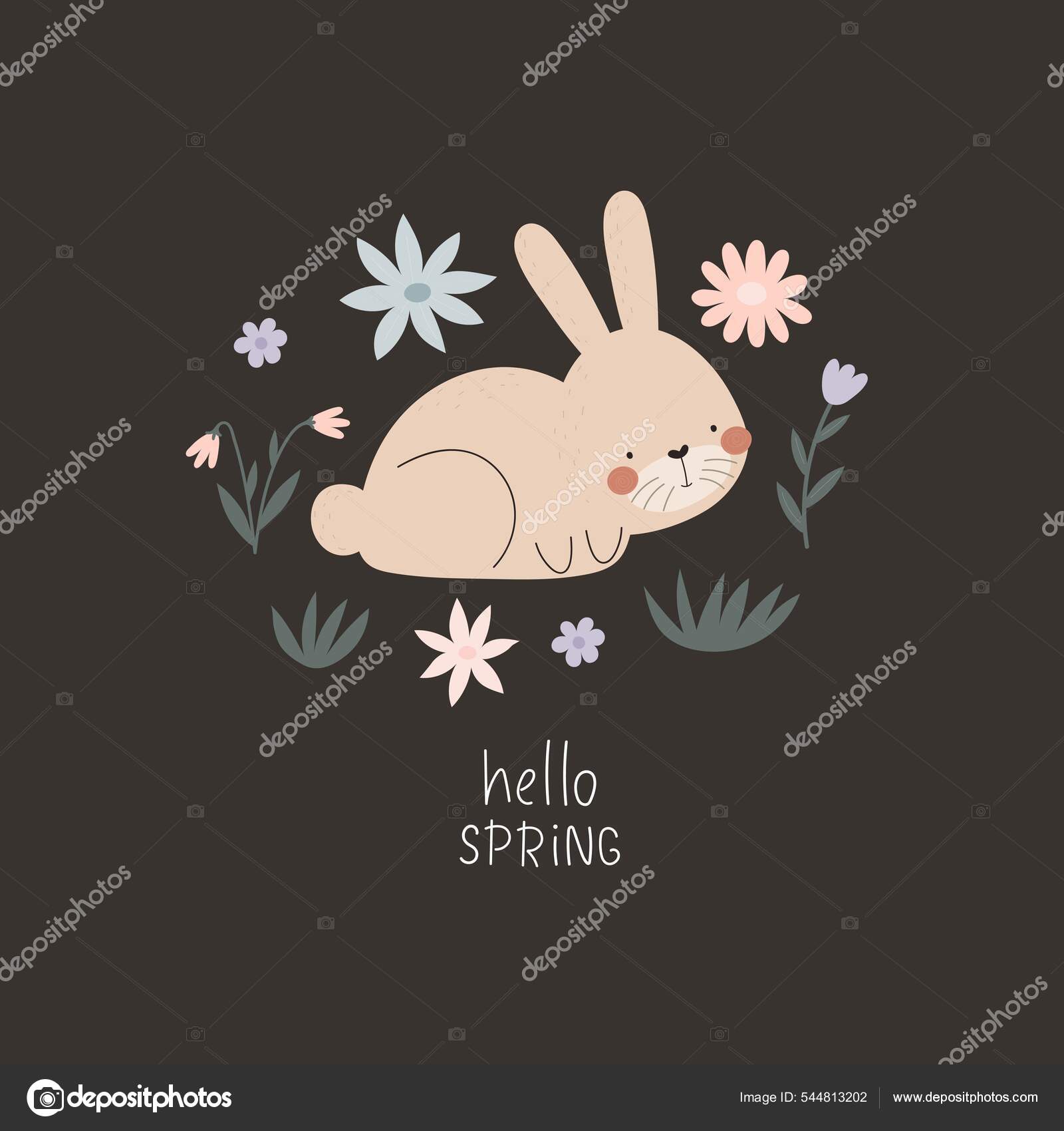 Hello Spring Cartoon Bunny Flowers Hand Drawing Lettering Decoration ...