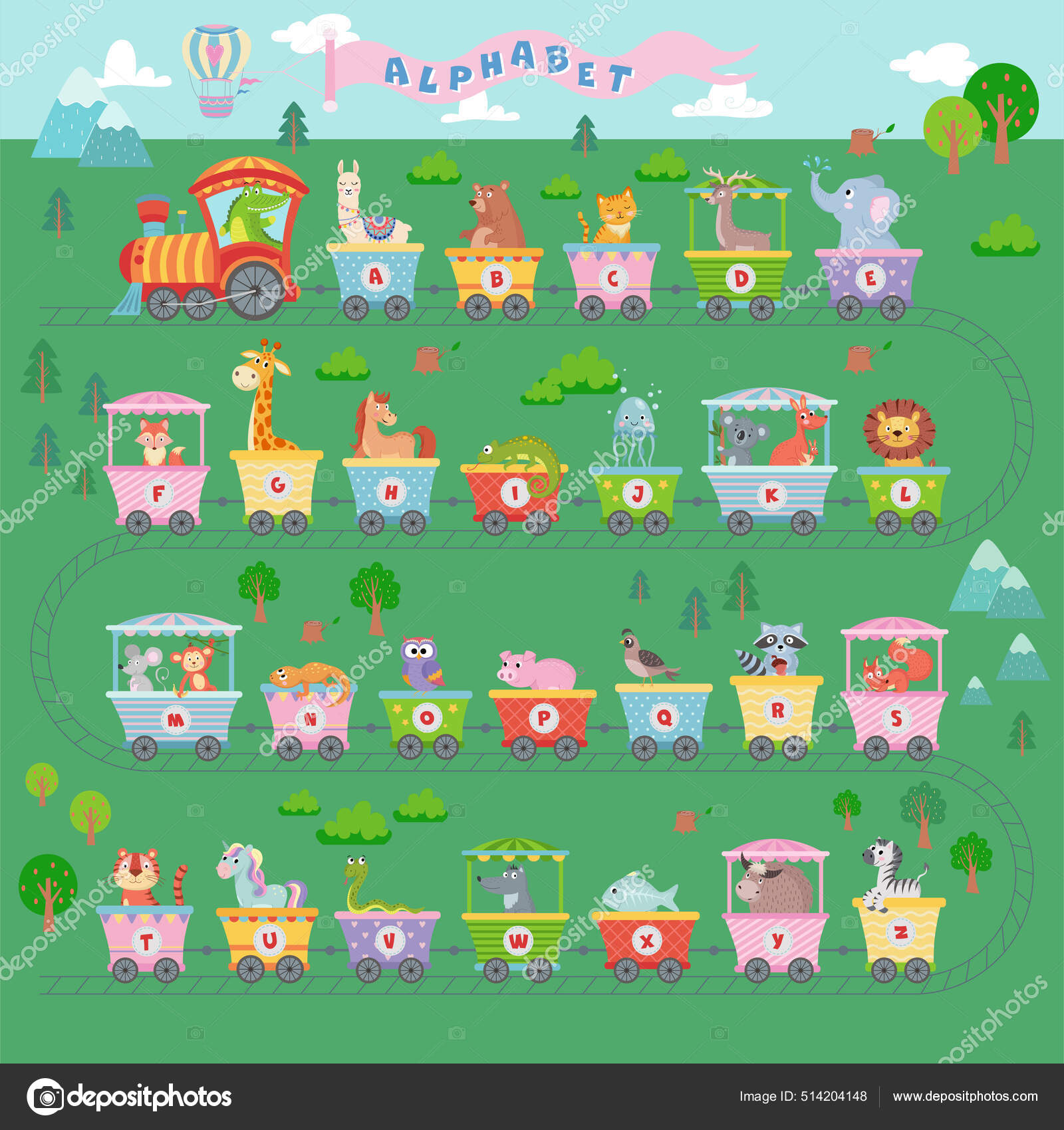 Alphabet train with animals. Cartoon animal illustration in van ...
