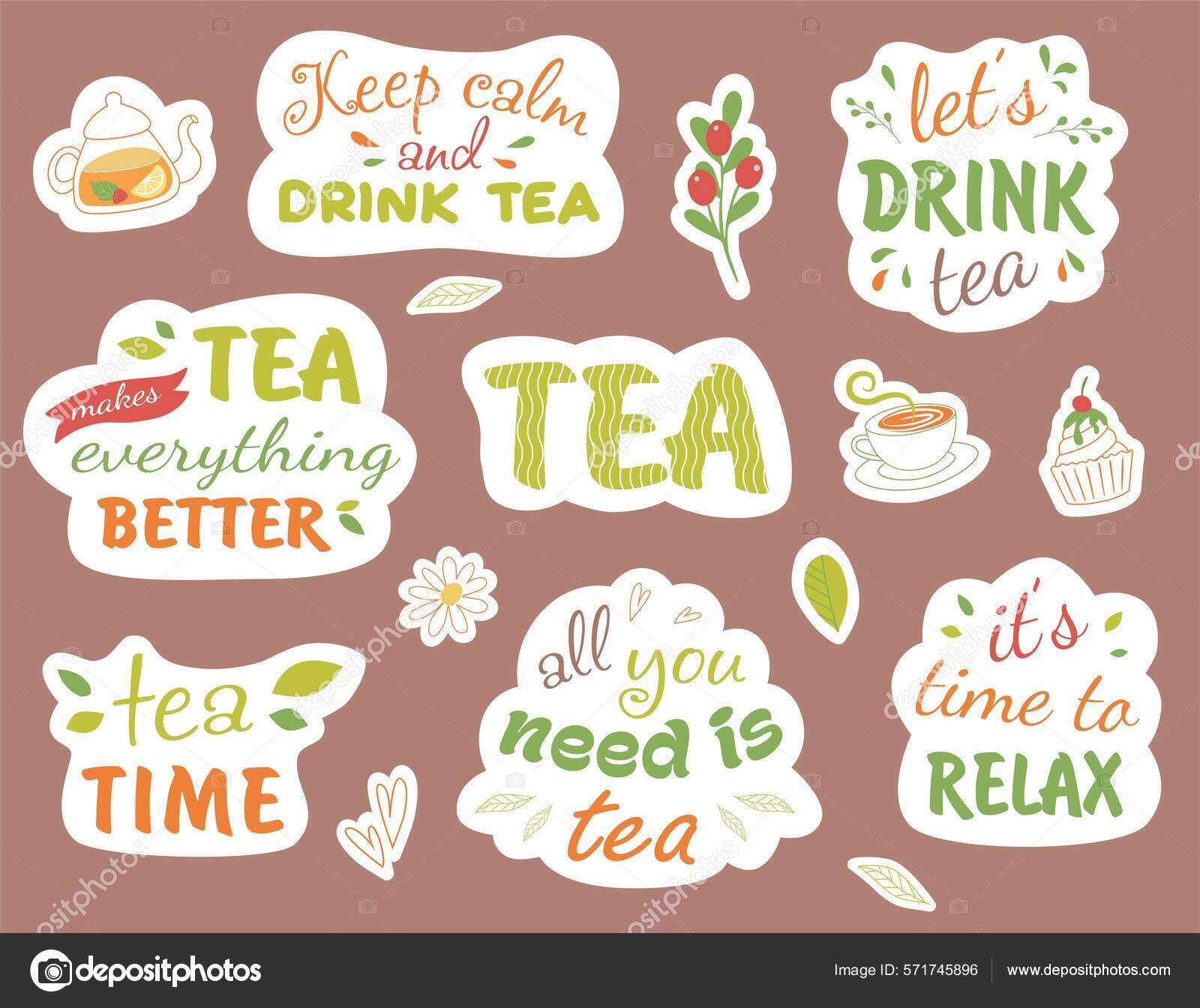 Quotes Tea Typography Set Calligraphy Hand Written Phrases Tea Tea ...