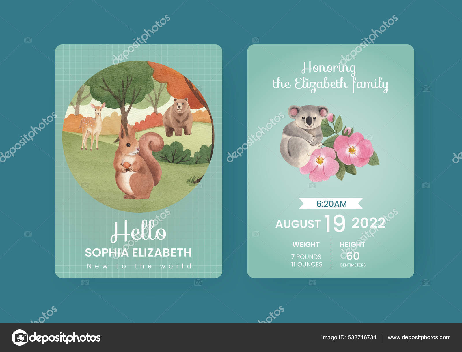 Baby Stats Card Template Spring Woodland Wildlife Concept Watercolor ...