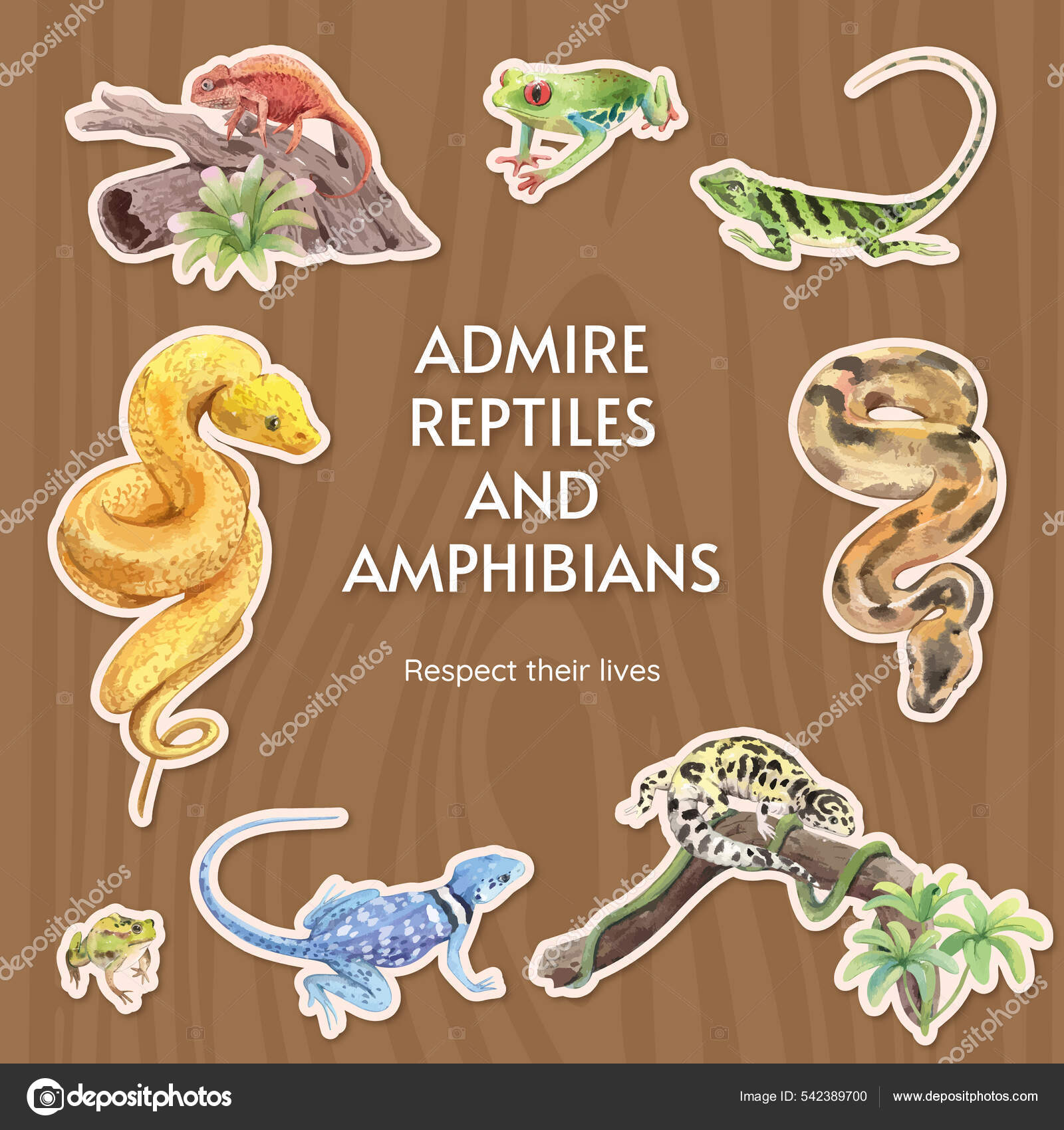Sticker Template Reptiles Amphibians Animal Concept Watercolor Styl ...