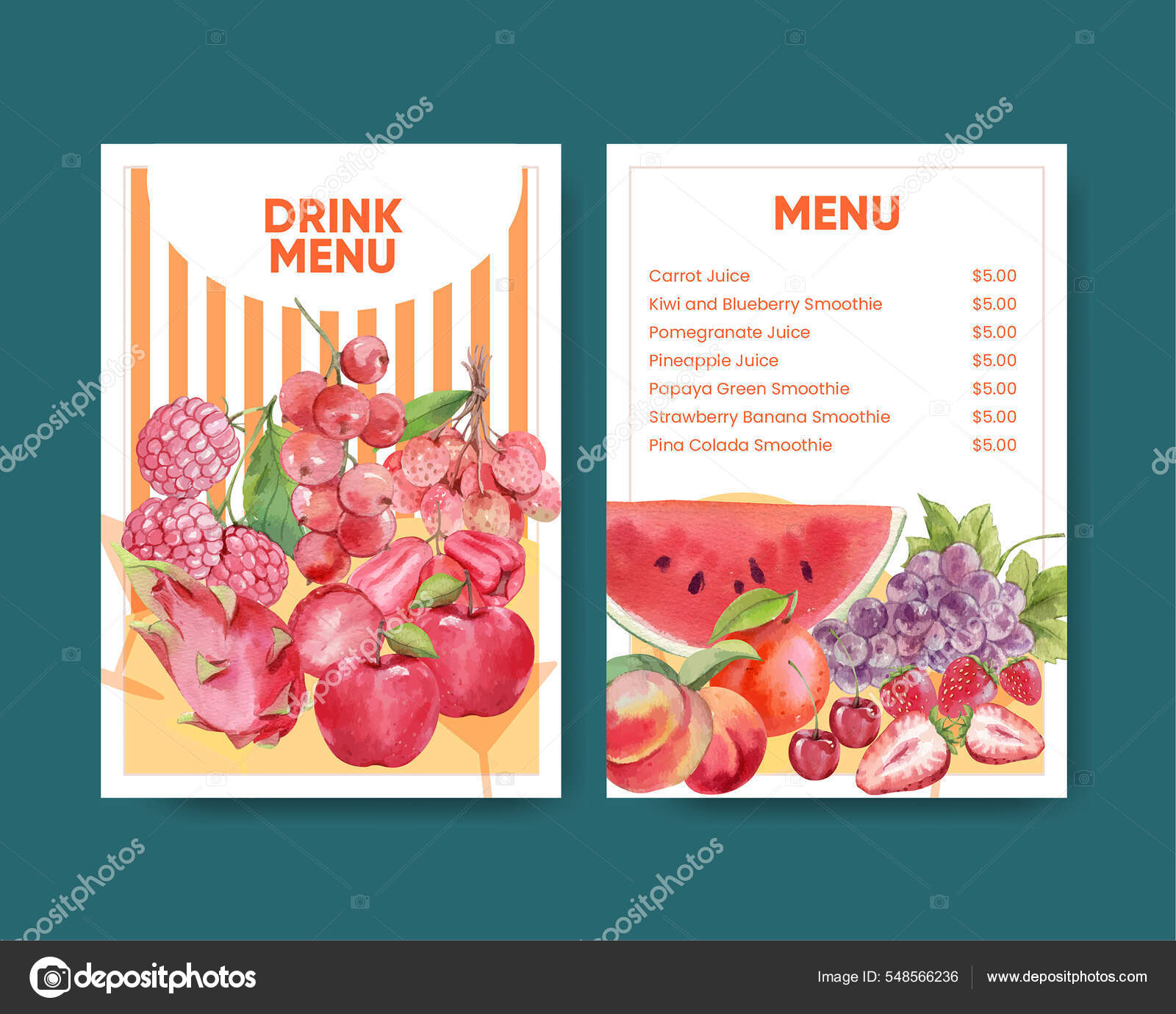 Menu Template Red Fruits Vegetable Concept Watercolor Styl Stock Vector ...